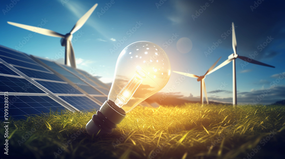 wind turbine and solar pannel illustration, renewable energy protecting ...