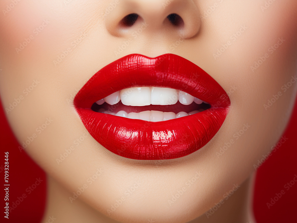 Woman's mouth with shiny red lipstick on full lips, healthy white smile ...