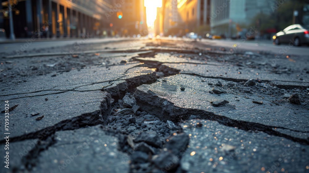 Asphalt road with a long crack. Natural disaster. Ground damage. Broken ...