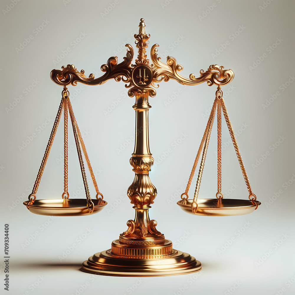 Symbolic gold balance scale of justice on a white background, embodying legal fairness and ...
