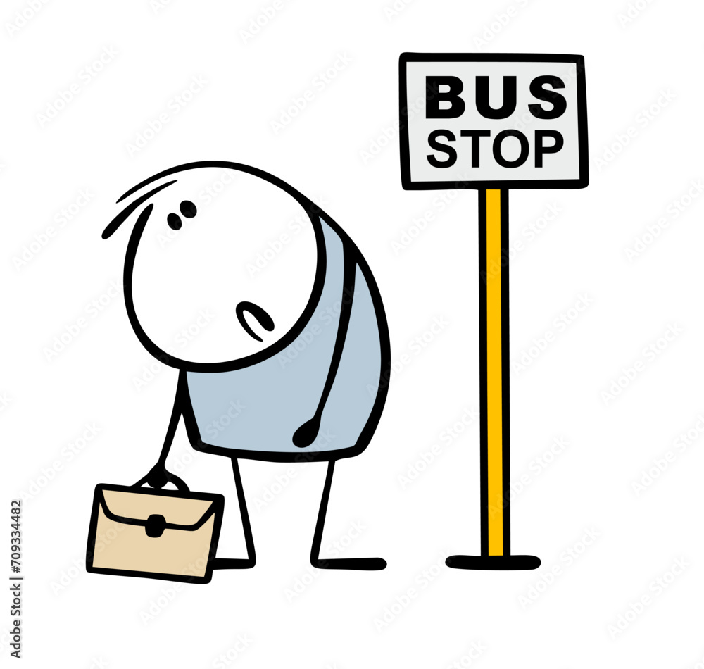 Upset man missed the bus and is waiting at the bus stop. Vector ...