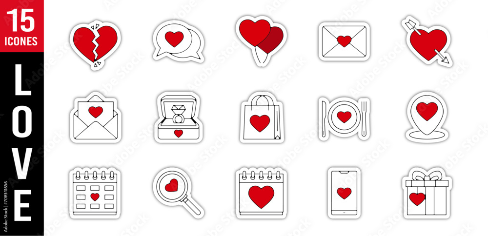 Planche pictogramme icones et symbole amour love saint valentin coeur ...