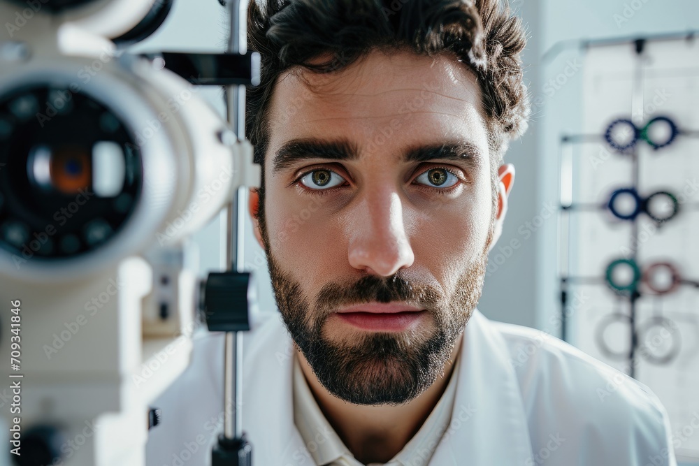 Focused studio portrait of an American man as an ophthalmologist, with ...