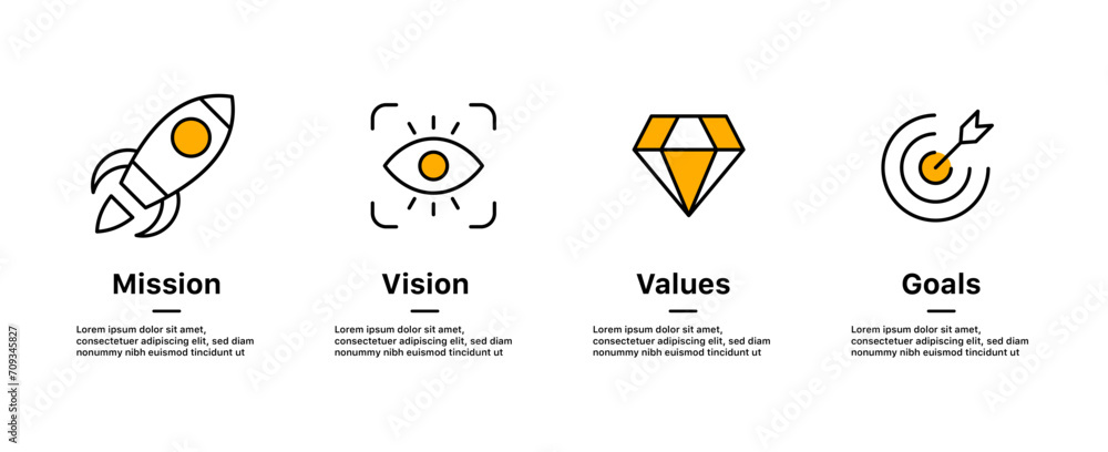 Mission, Vision, Values and Goals Icon Set. Rocket launch, Target ...