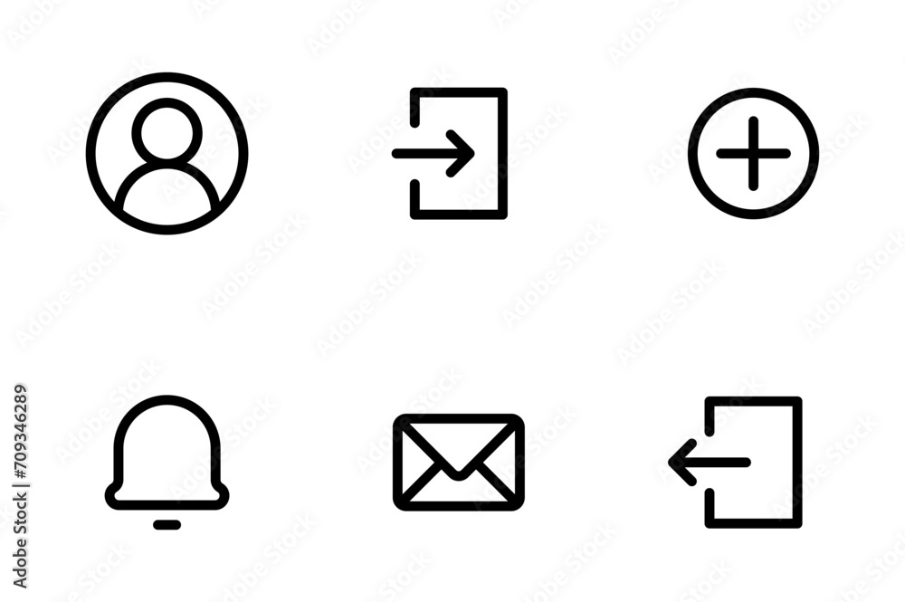 Avatar, User profile icon. Account login icon. Logout icon. Notification bell icon. Email ...