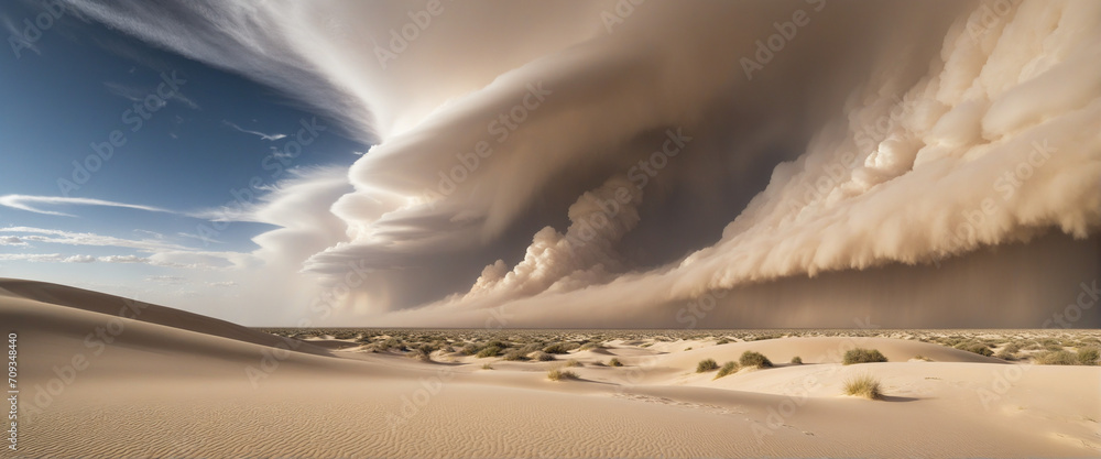 Spectacular desert landscape with swirling sandstorm clouds on the ...