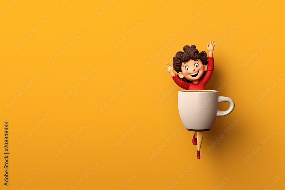 Whimsical morning: animated female character savoring a cup of coffee ...