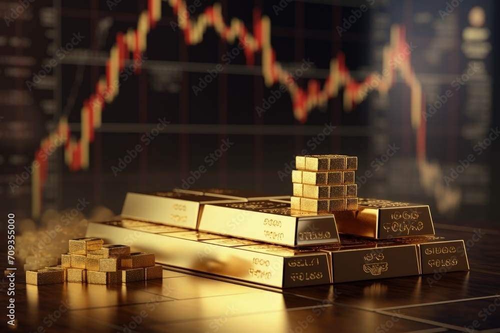 Stacked gold bars, golden coins, stock exchange ambiance, and dynamic stock charts a visual ...