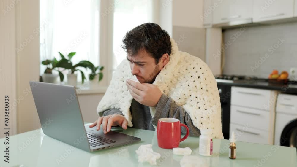Work From Home During Flu Bearded Caucasian Man Coughs and Sneezes ...