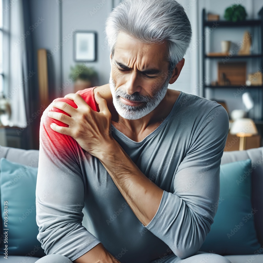 Senior man suffering from shoulder pain at home. Mature man holding ...
