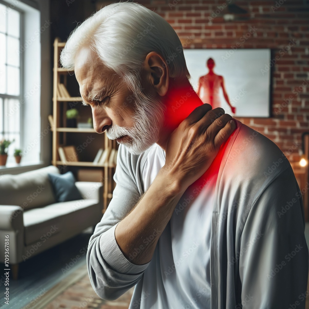 Senior man suffering from neck pain at home. Mature man holding hand on ...