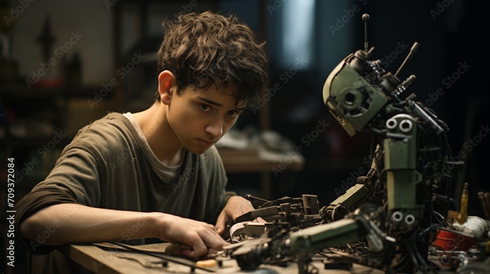 A despondent robot, hunched over in a forgotten workshop, surrounded by ...