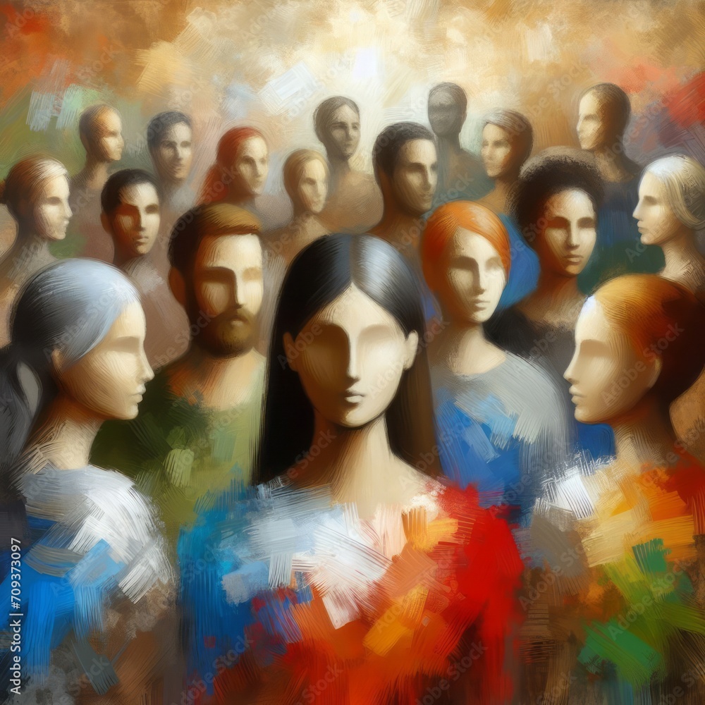 painting of diverse group of people without face. Unity, community, and ...