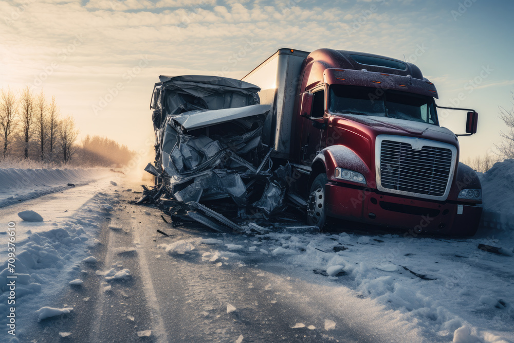 Wrecked Semi Truck on Snowy Road After Severe Traffic Accident Stock ...