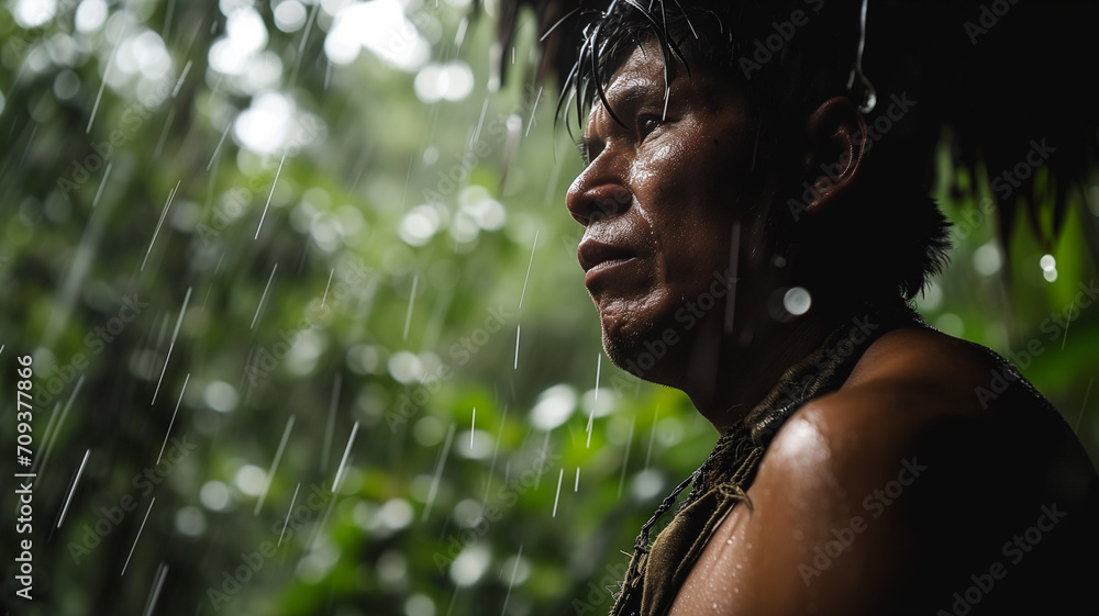 Man from an indigenous Amazon tribe stands in the rainforest while it ...