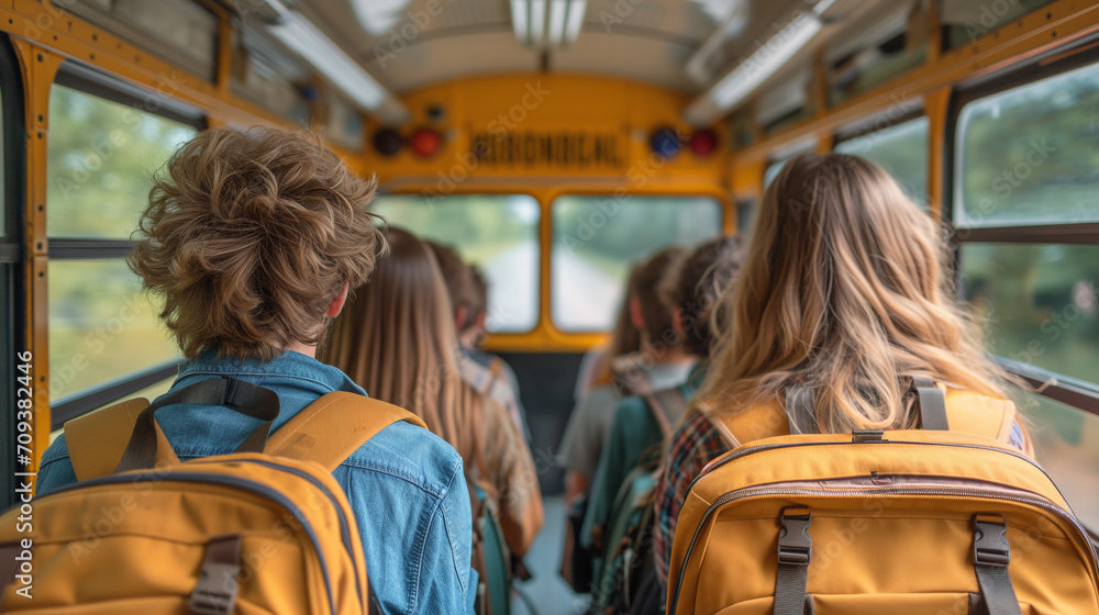 VIew of students seating inside a school bus, on the way to their ...