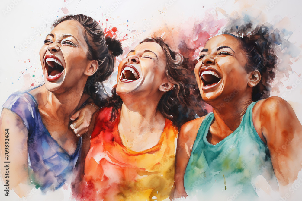 Watercolor painting of three joyful women laughing with vibrant ...