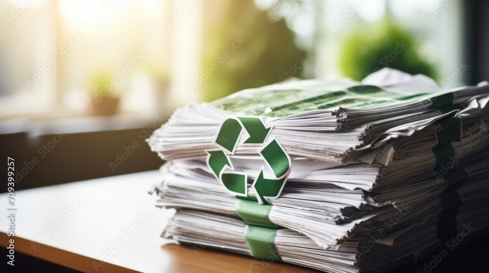 Closeup of a stack of paper with the recycling symbol, promoting the ...