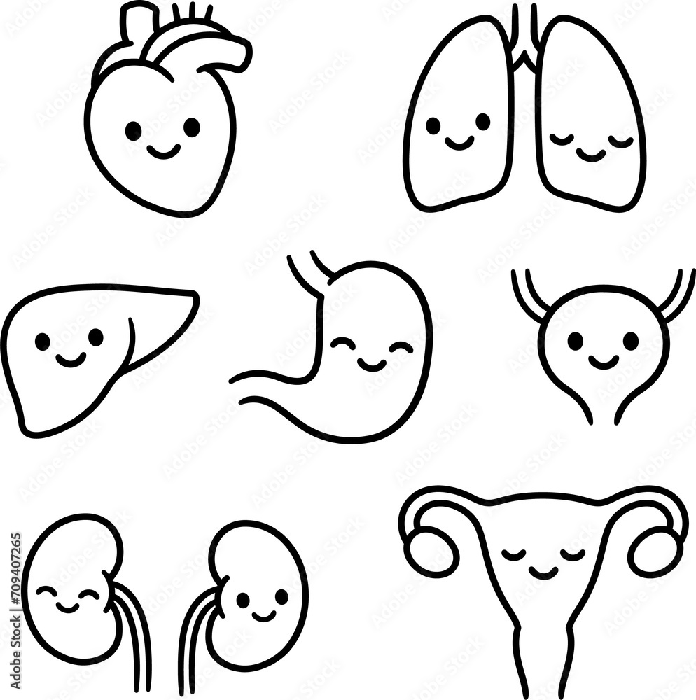 Set of cartoon internal organs with cute smiling faces. Hand drawn ...