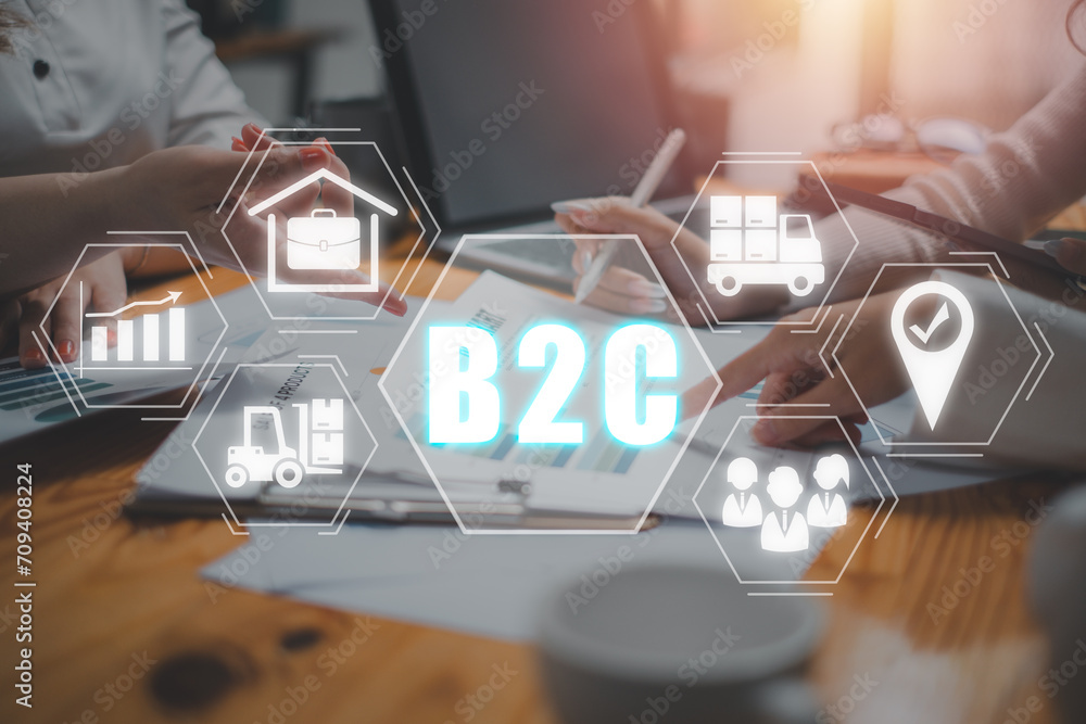 B2C, business to customer concept, Business team analyzing income ...