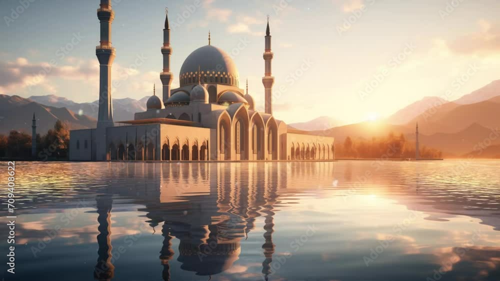 beautiful modern mosque during sunrise with reflection. islamic moslem ...