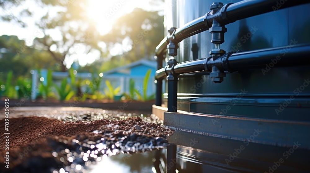 Closeup of a water catchment system, with pipes leading to a storage ...