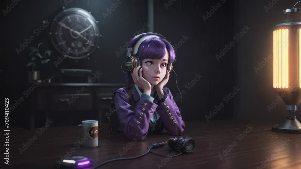 Lofi young girl headphones sitting alone on the room feeling sad and ...