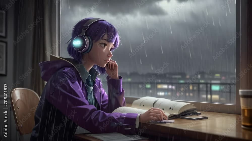 Photo Anime lofi young girl studying while listening to music and ...