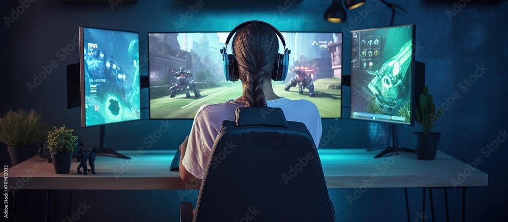 Back view professional female gamer playing a video game on personal ...
