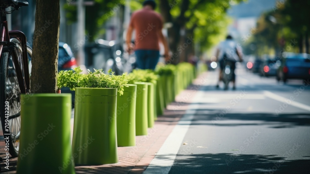 Closeup of a bike lane, marked in bright green paint and separated from ...