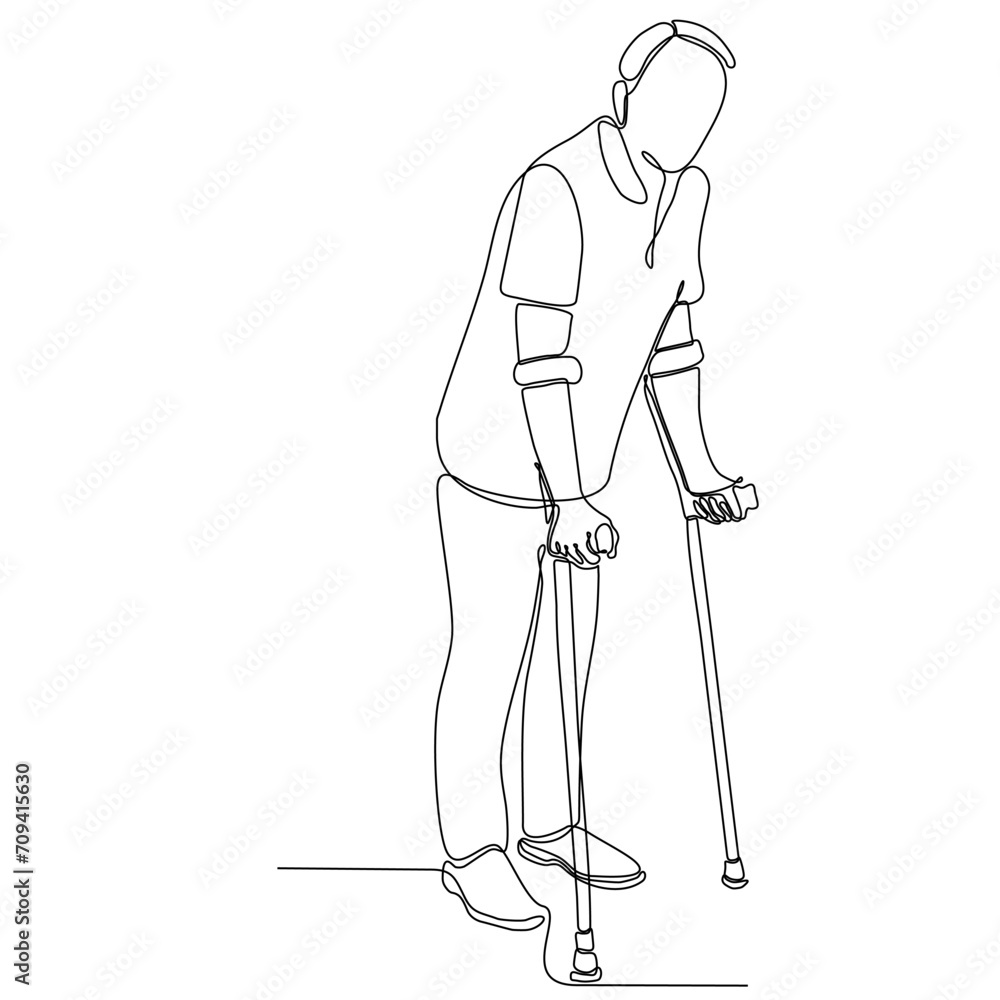 One line drawing of man with broken arm wearing arm splint isolated on ...
