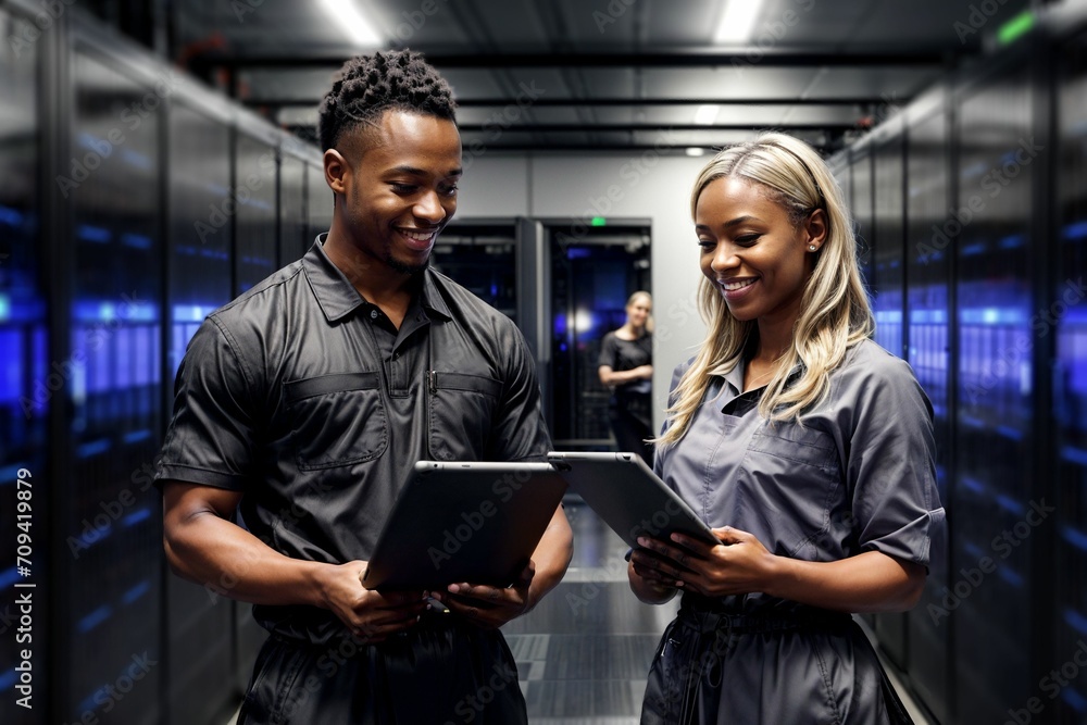 two african american black people training and working at a tech job in ...