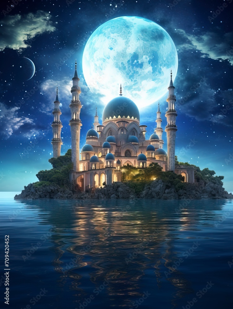 magical and surreal art image A Mosque with a majestic summer sky as a ...