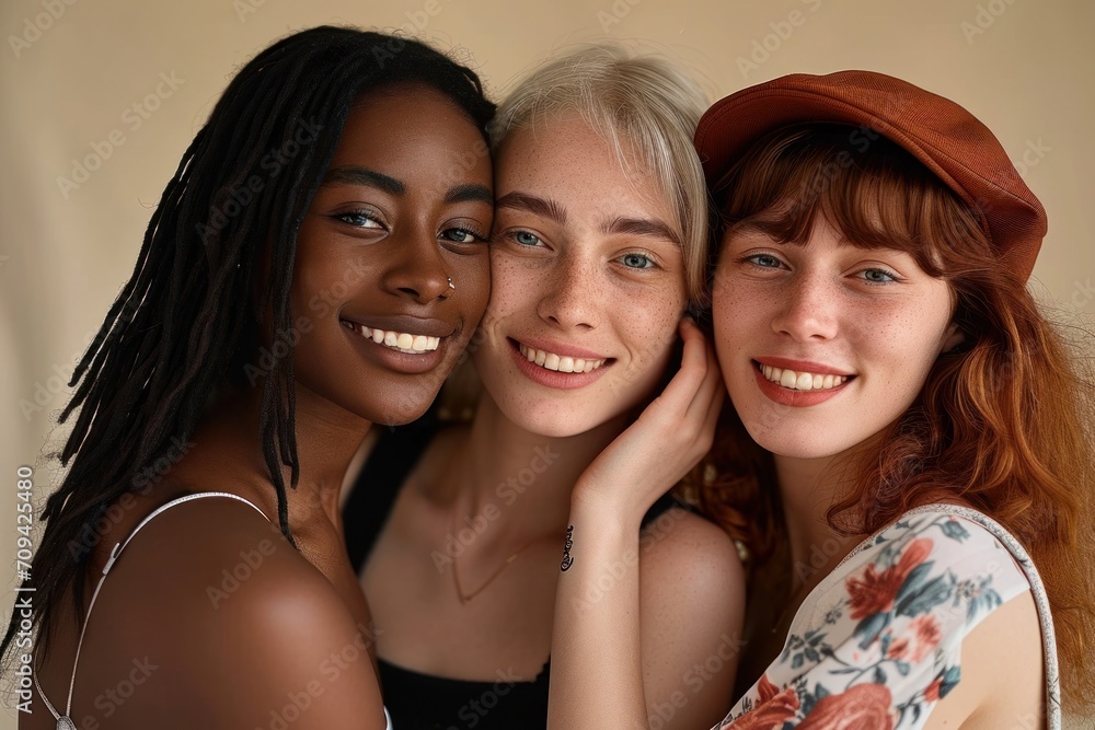 Foto de Three happy cool pretty gen z girls looking at camera posing ...