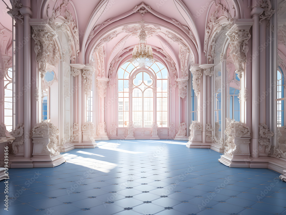 Luxury Interior of a royal palace with arches and columns, 3d render ...
