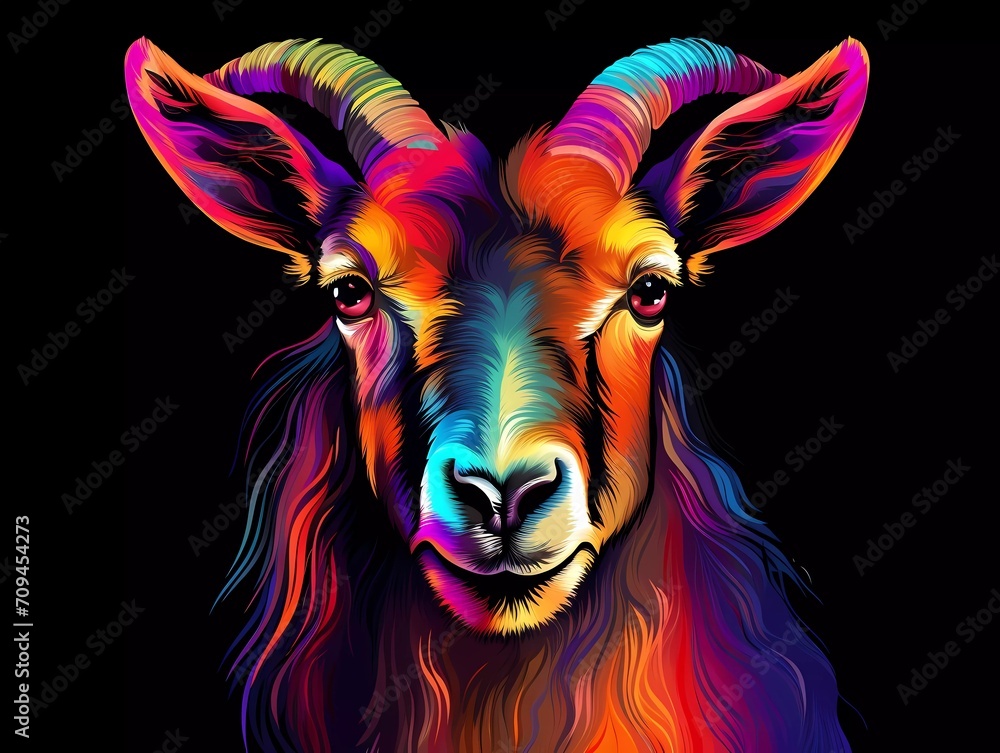 goat illustration in abstract, rainbow ultra-bright neon artistic ...