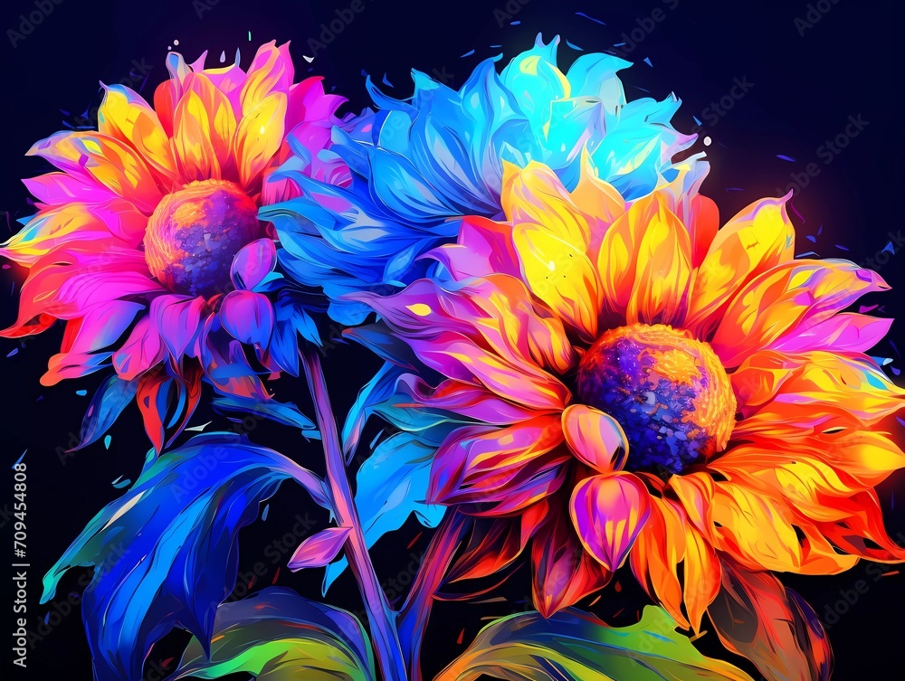 sunflower illustration in abstract, rainbow ultra-bright neon artistic ...