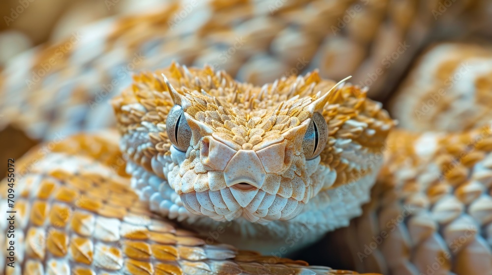 A detailed closeup captures the impressive horns of a viper as it lies ...