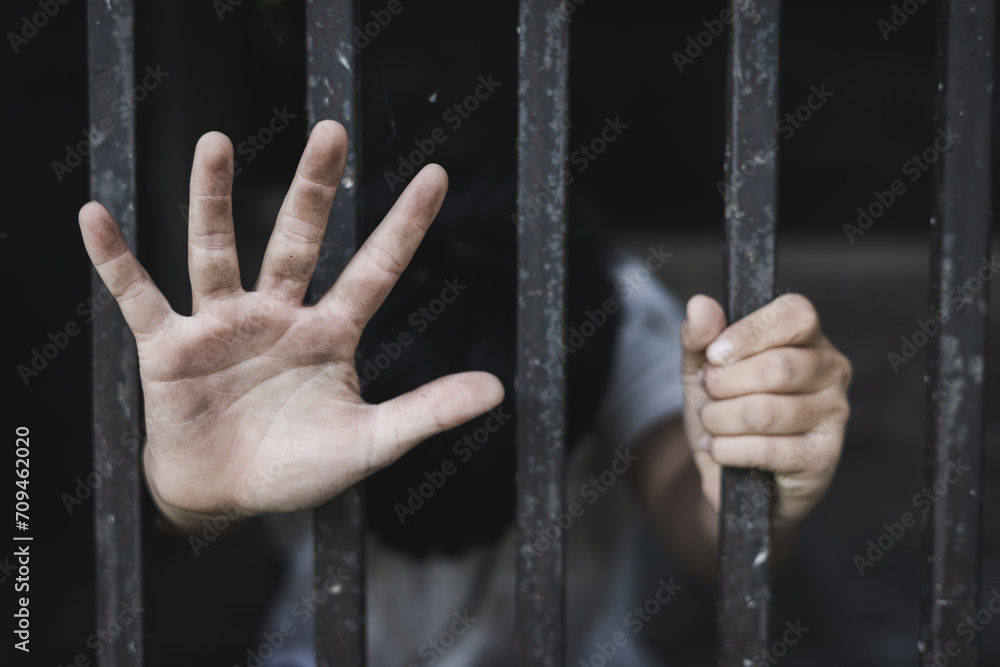 Children who were imprisoned in a room with a steel cage. The concept ...