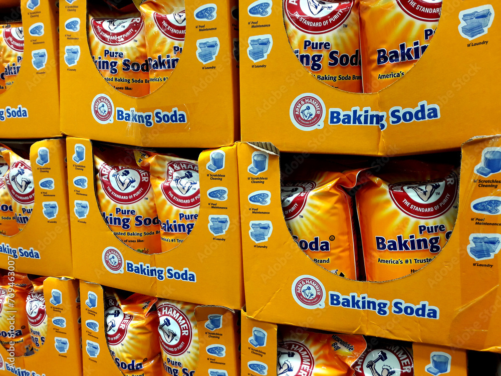 Kaohsiung, Taiwan, August 8, 2019: Arm&Hammer baking soda is sold on ...