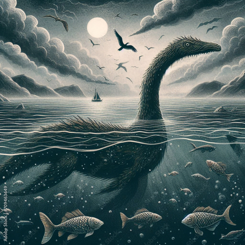 Loch Ness Monster pokes its head out of the loch lake, weird creature ...