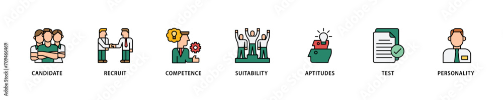 Assessment icon set flow process which consists of user candidate ...