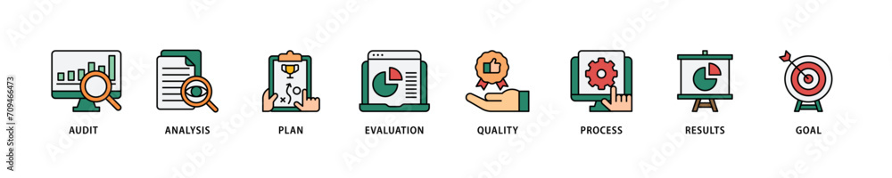 Assessment center icon set flow process which consists of audit ...