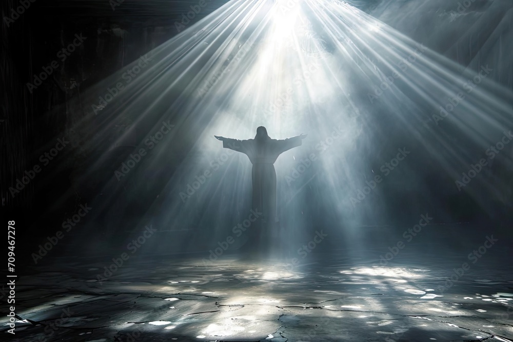 Conceptual artwork of jesus as the light of the world With beams of light in a dark setting ...