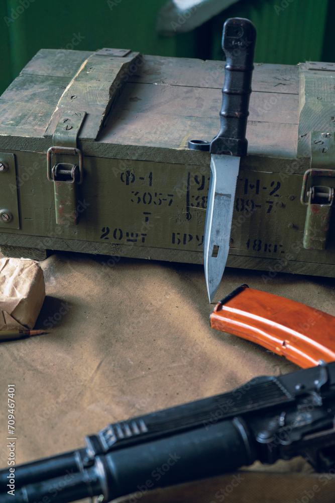 Military background, Kalashnikov assault rifle, f-1 grenades, bayonet ...