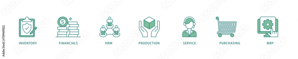 ERP icon set flow process which consists of inventory, financials, hrm ...