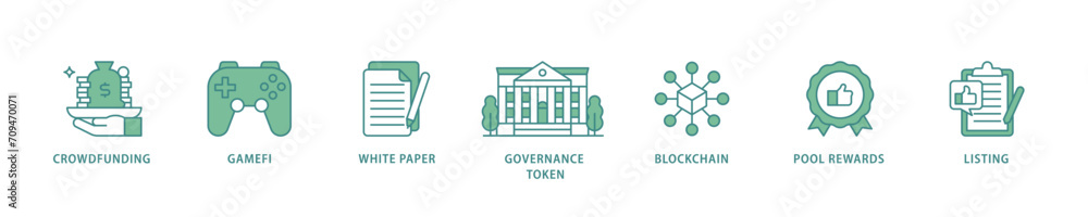 IGO icon set flow process which consists of crowdfunding, gamefi, white ...