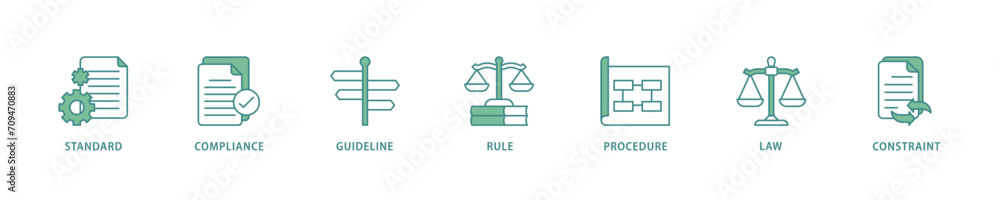 Regulation icon set flow process which consists of standard, compliance ...