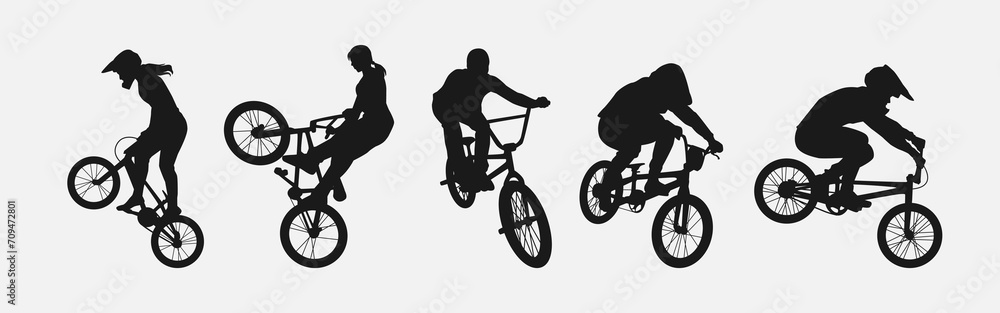 set of silhouettes of bmx biker, cyclists with different position ...