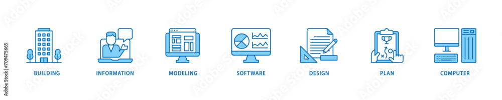 BIM icon set flow process which consists of building, information ...